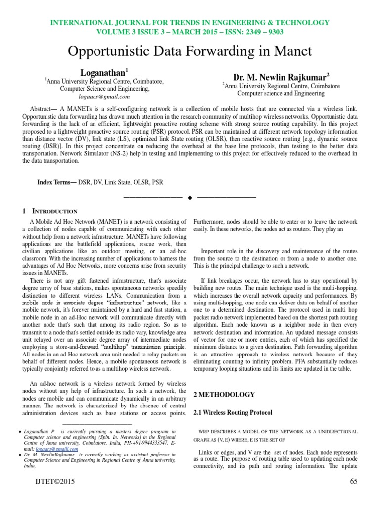 Opportunistic Data Forwarding in Manet | PDF | Routing | Wireless Ad ...