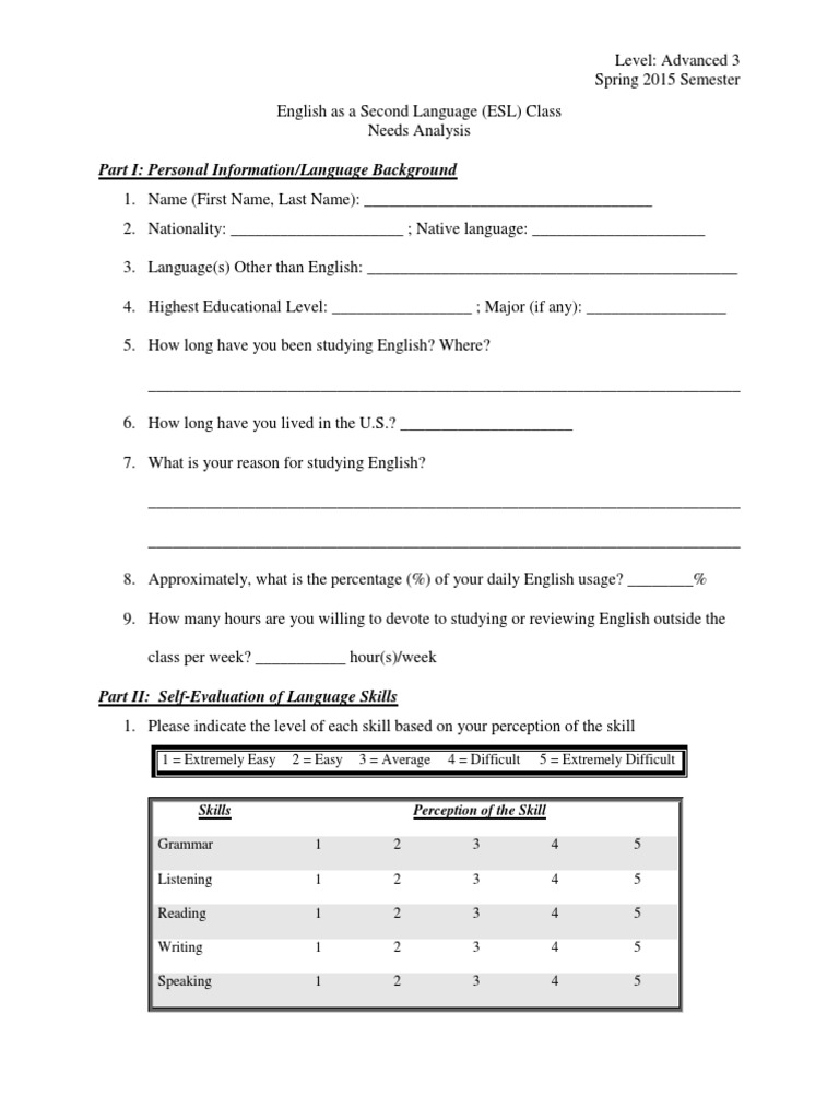 ESL Class Needs Analysis Form | PDF | English As A Second Or Foreign ...