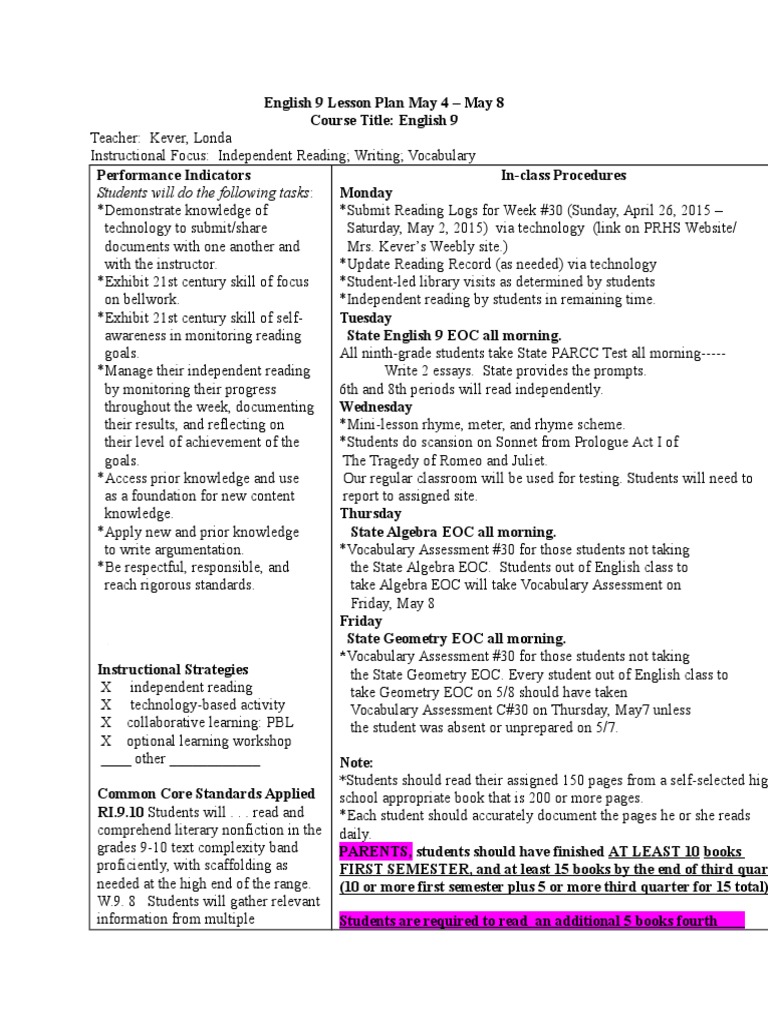 34 Lesson Plan English 9 May 4-May 8 | PDF | Lesson Plan | Educational ...