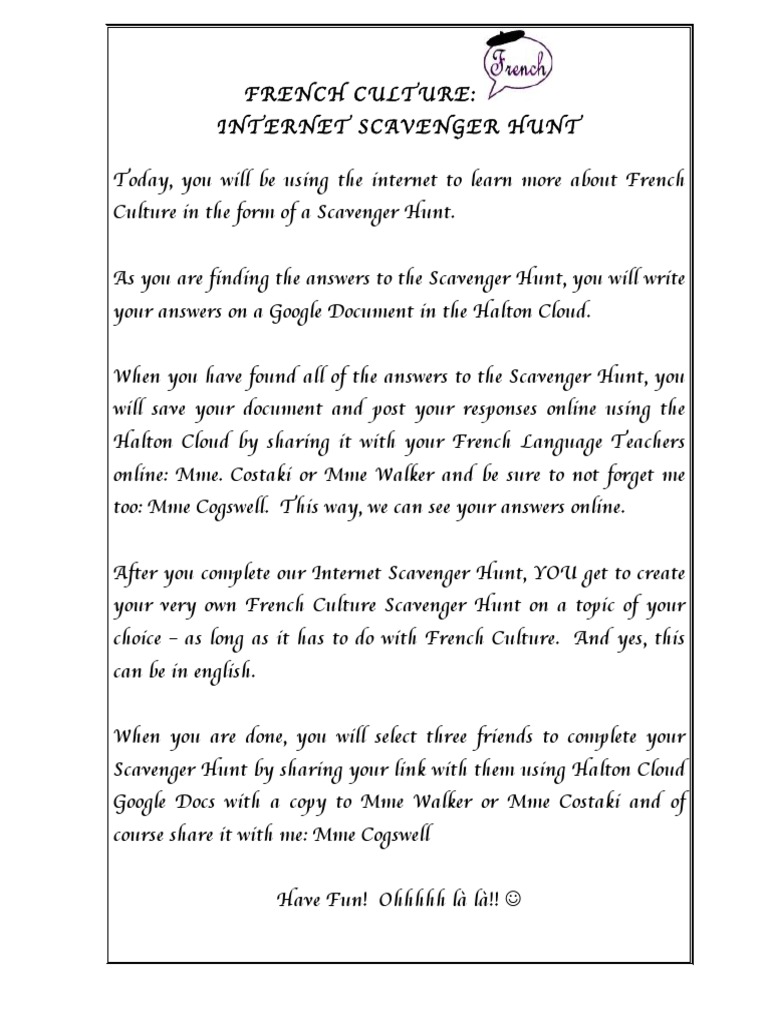 Cultural Scavenger Hunt | PDF | Google | Internet