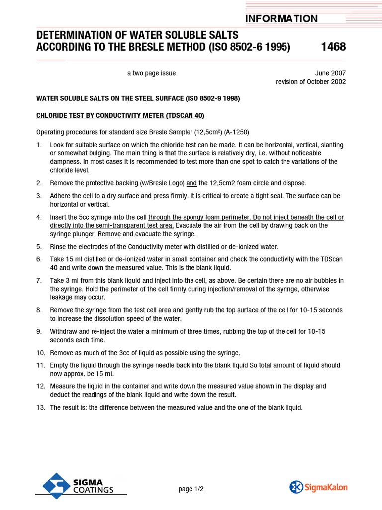 1468 Water Soluble Salts Bresle Method Iso 8509 | PDF | Chemistry | Nature