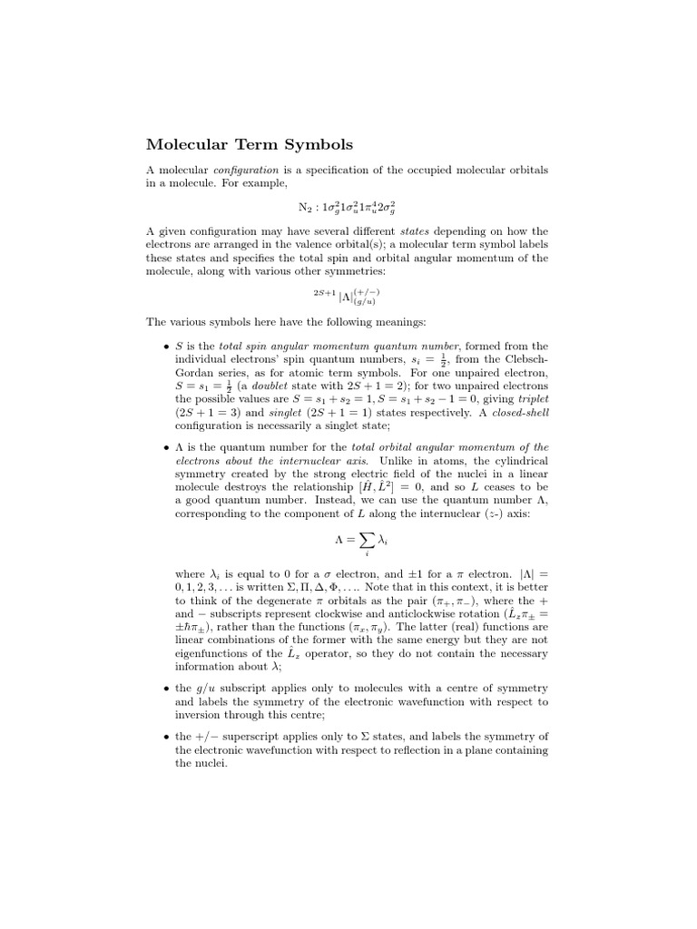 Molecular Term Symbols | PDF | Molecular Orbital | Electron Configuration