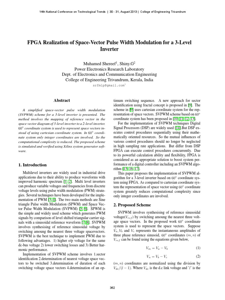 Fpga Realization Of A Simplified Space Vector Pulse Width Modulation Scheme For A 3 Level 4367