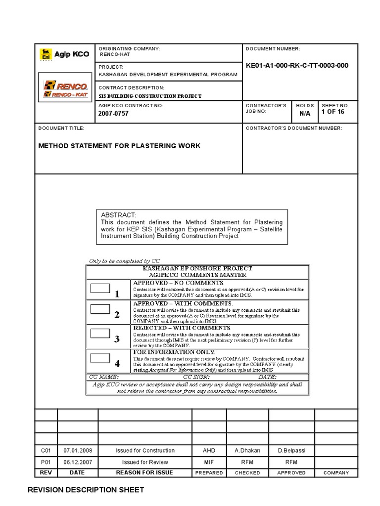 Plastering Work Method Statement | PDF | Mortar (Masonry ...