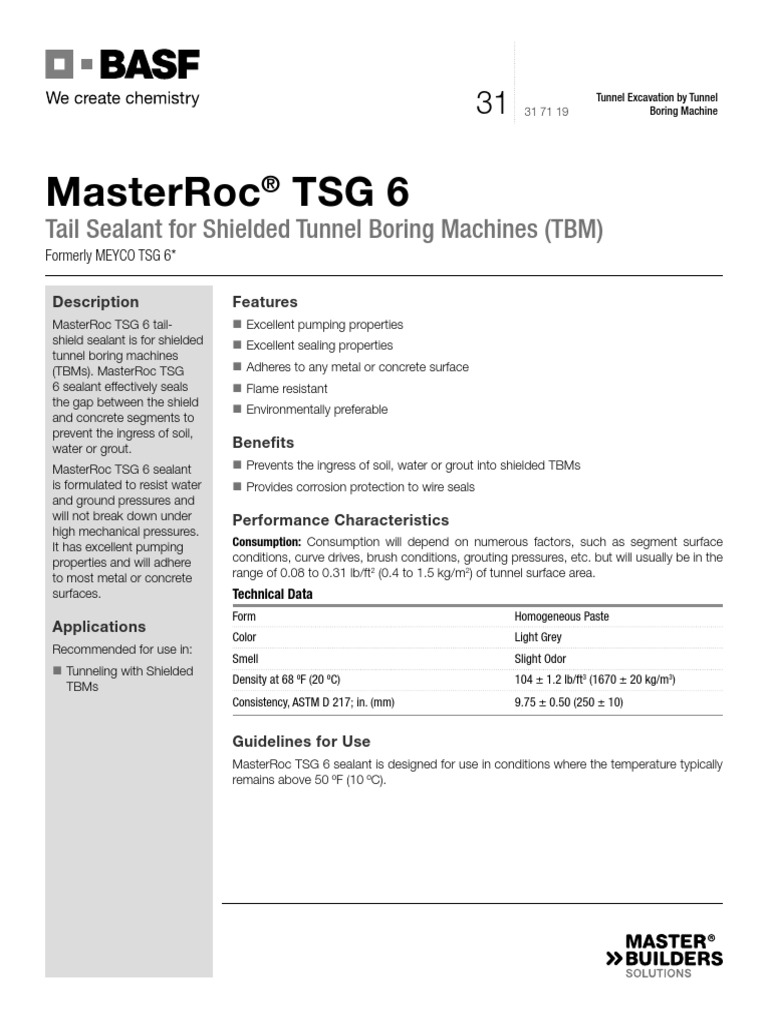 Basf Masterroc TSG 6 Tds | PDF | Tunnel | Shelf Life
