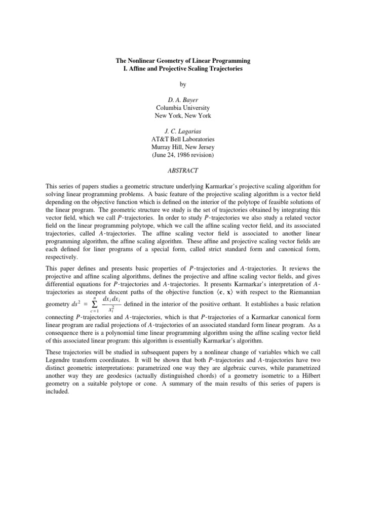 D. A. Bayer: The Nonlinear Geometry of Linear Programming I. Affine and Projective Scaling ...