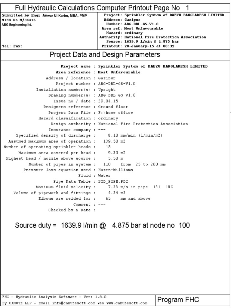Sample Hydraulic Calculation | PDF | Fire Sprinkler System | Hydraulics