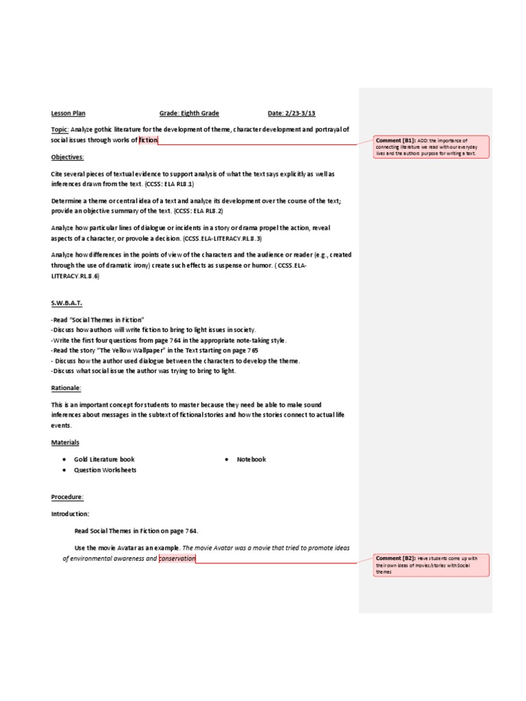 Yellow Wallpaper Lesson Plan | PDF | Cognition | Communication