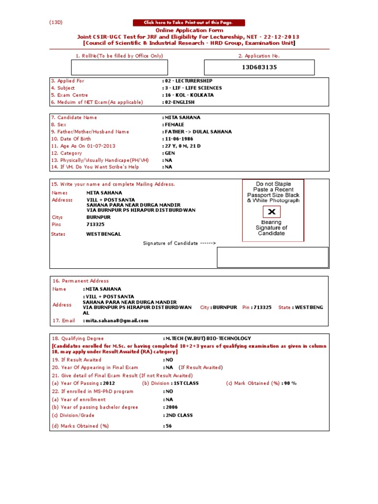 CSIR-UGC NET JRF Application 2013 | PDF | Science | Technology (General)