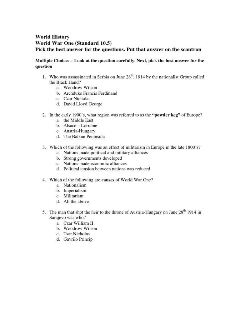 World War One Test | PDF | Western Front (World War I) | World War I