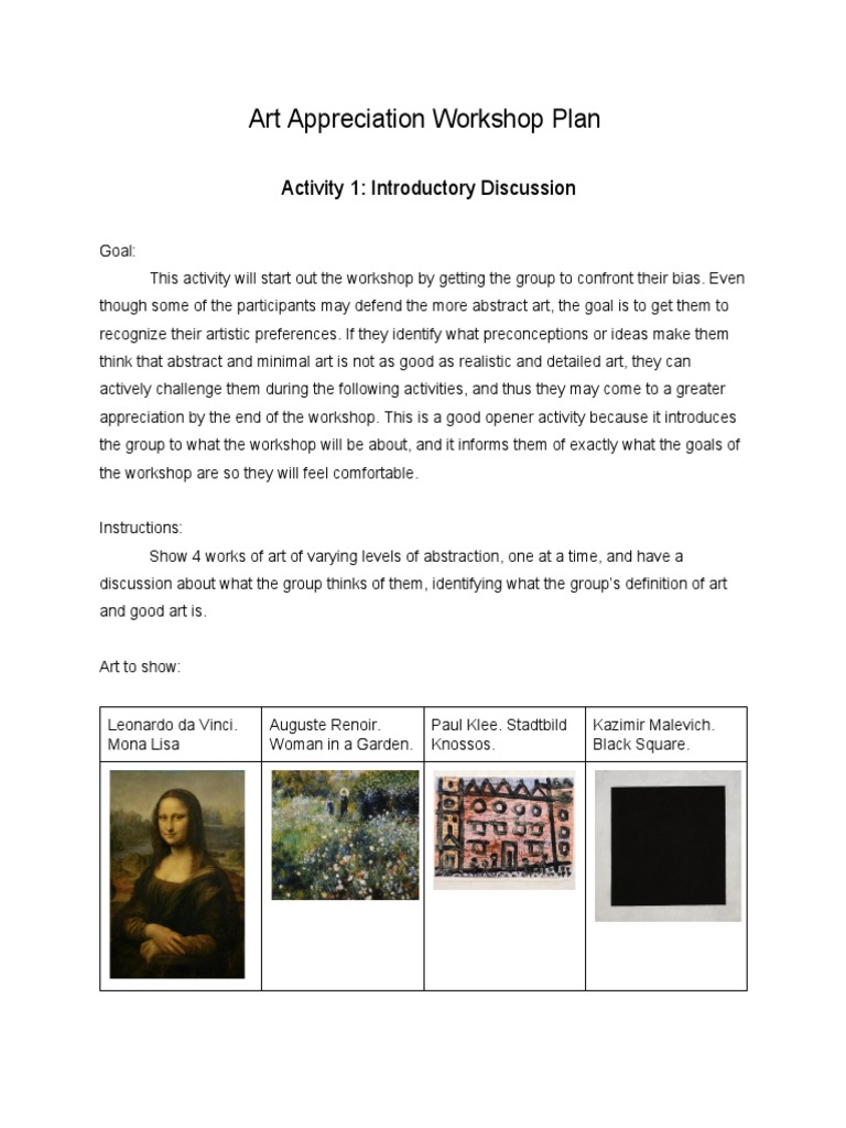 Art Appreciation Workshop Plan: Activity 1: Introductory Discussion ...