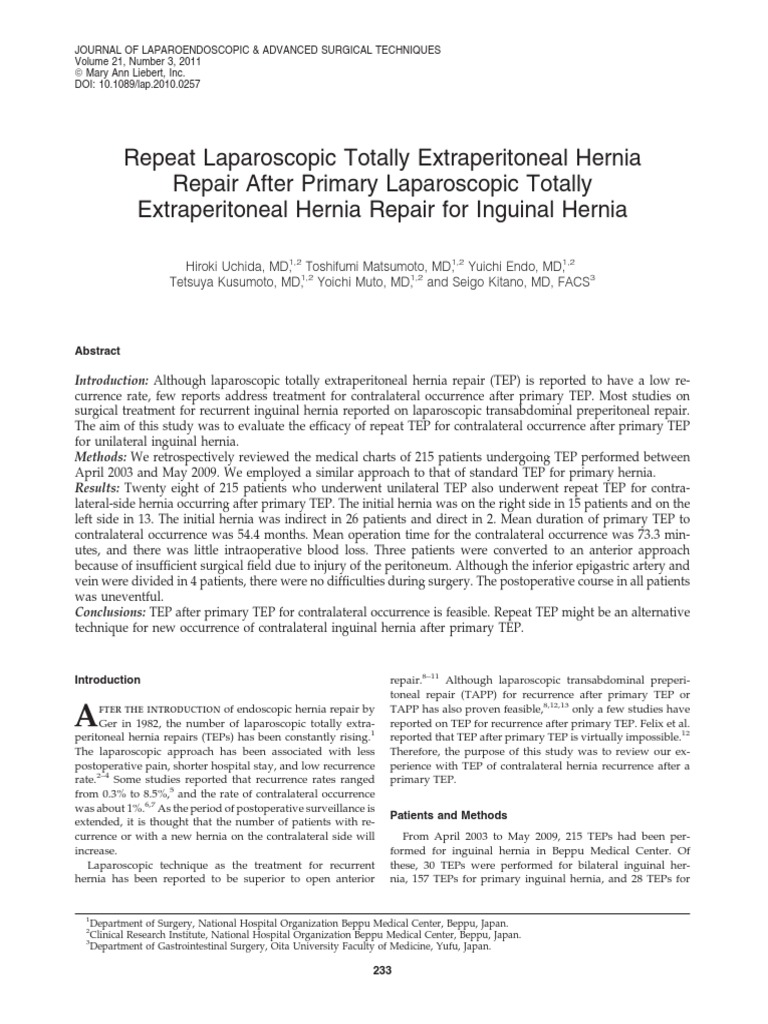 Repeat Laparoscopic Totally Extraperitoneal Hernia Repair After Primary Laparoscopic Totally ...