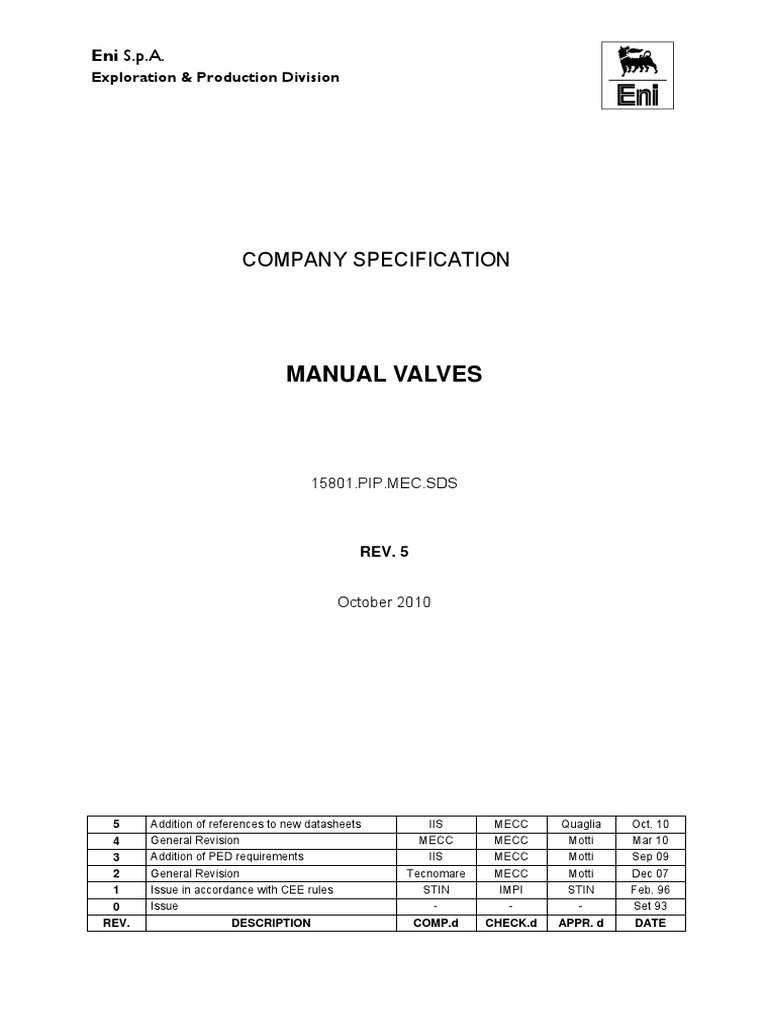 Eni Manual Valves Specification Guide | PDF | Pipe (Fluid Conveyance ...