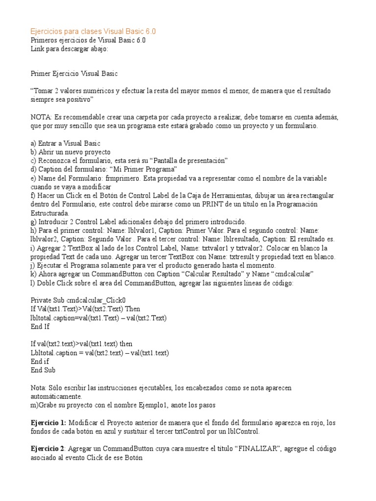 Ejercicios para Clases Visual Basic 6.0 | PDF | Básico | Ventana ...