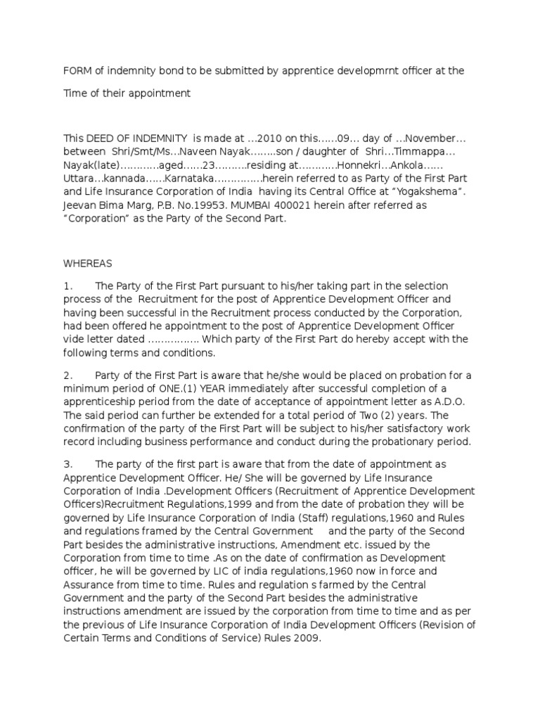 Indemnity Bond For Lic | PDF | Surety Bond | Apprenticeship