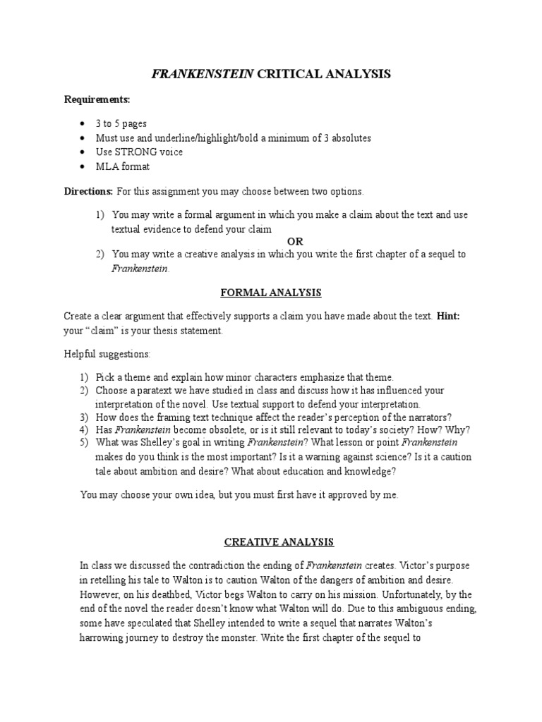 College Literature Analysis Task | PDF | Frankenstein | Argument