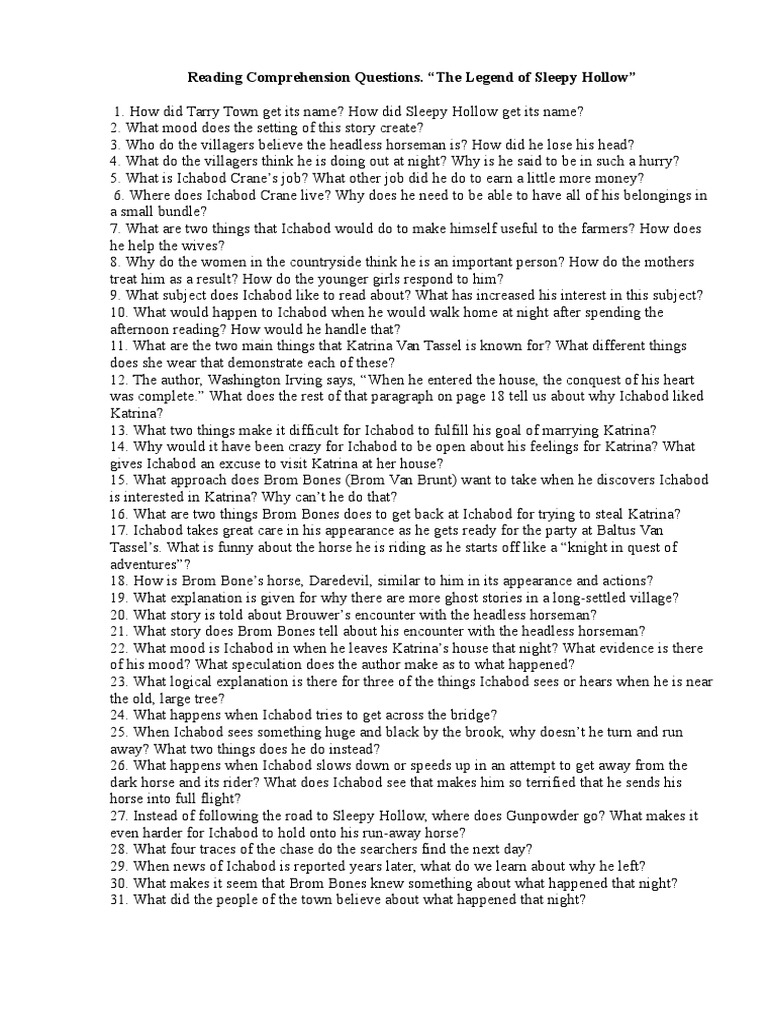 Comprehension Questions for Sleepy Hollow | PDF | The Legend Of Sleepy ...