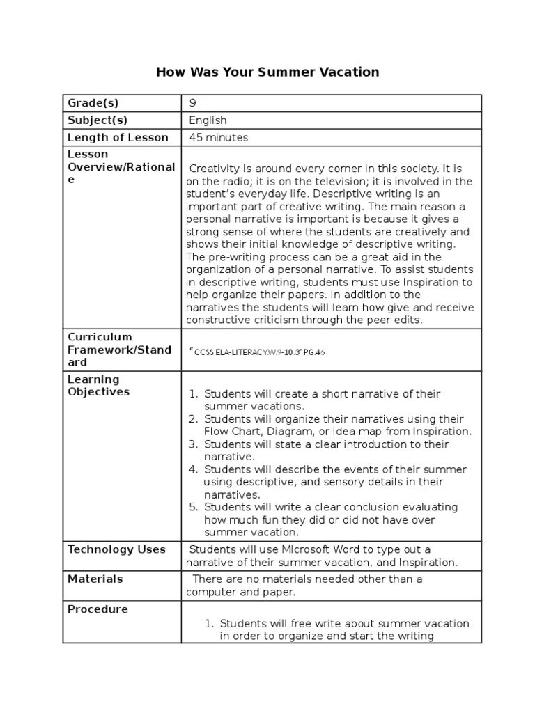 How Was Your Summer Inspiration | PDF | Narrative | Rubric (Academic)