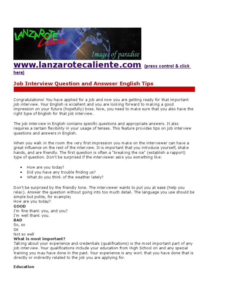 Job Interview Tips: English Questions & Answers | PDF