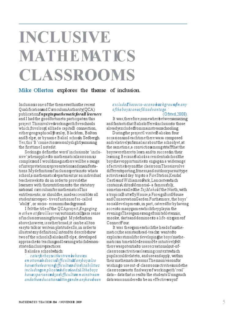 Inclusive Mathemat Ics Classrooms: Explores The Theme of Inclusion ...