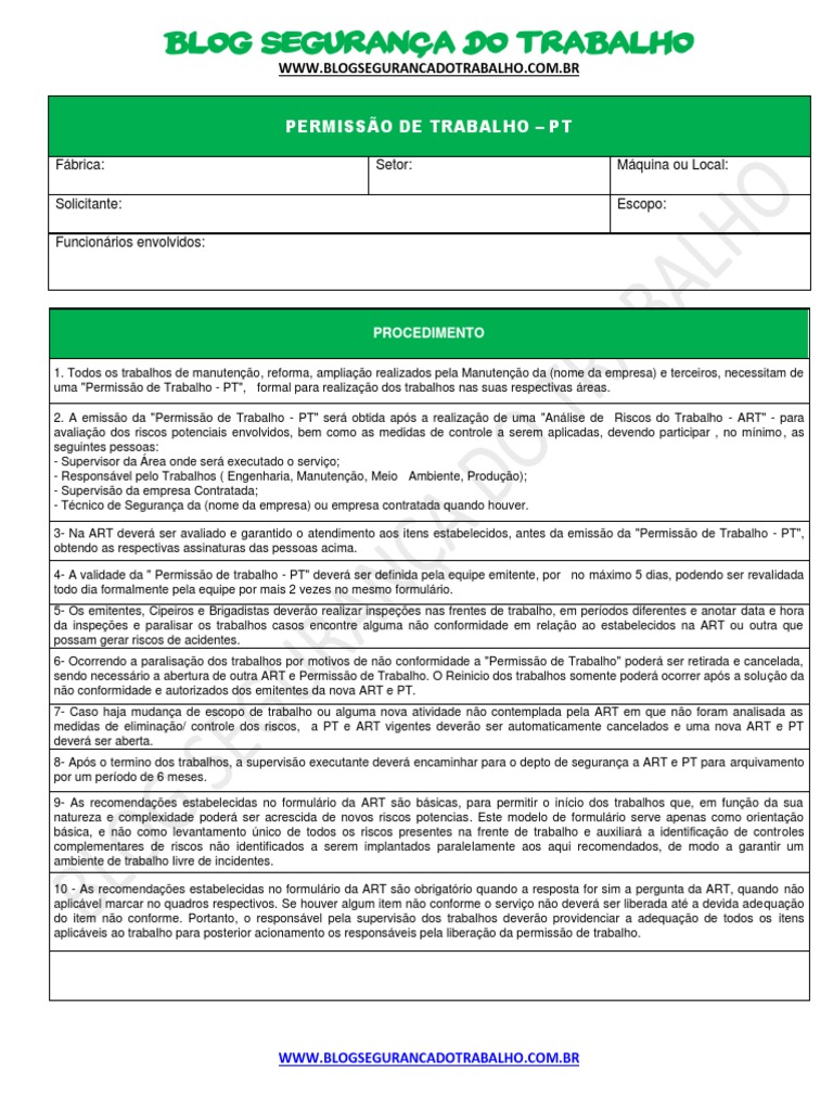 Modelo - Permissão de Trabalho (PT) | Ciência (Geral) | Ciência
