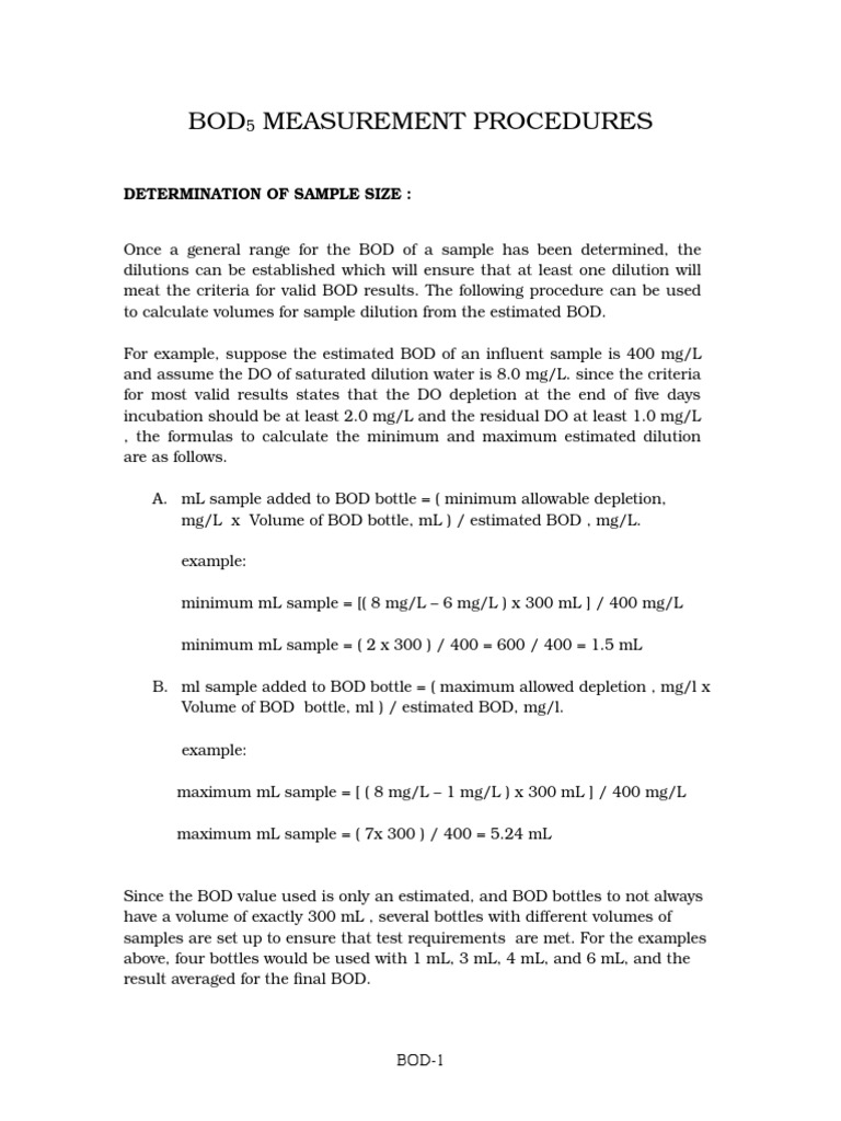 BOD Measurement Procedures: Determination of Sample Size | PDF | Ph ...