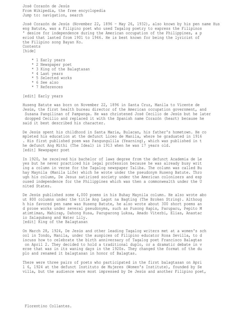 José Corazón de Jesús From Wikipedia, The | PDF | Philippines | Poetry