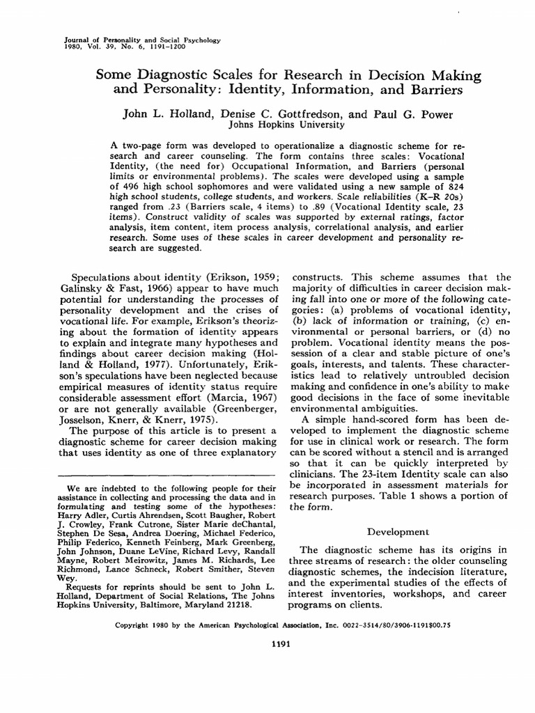Holland Some Diagnostic Scales For Research in Decision Making and ...