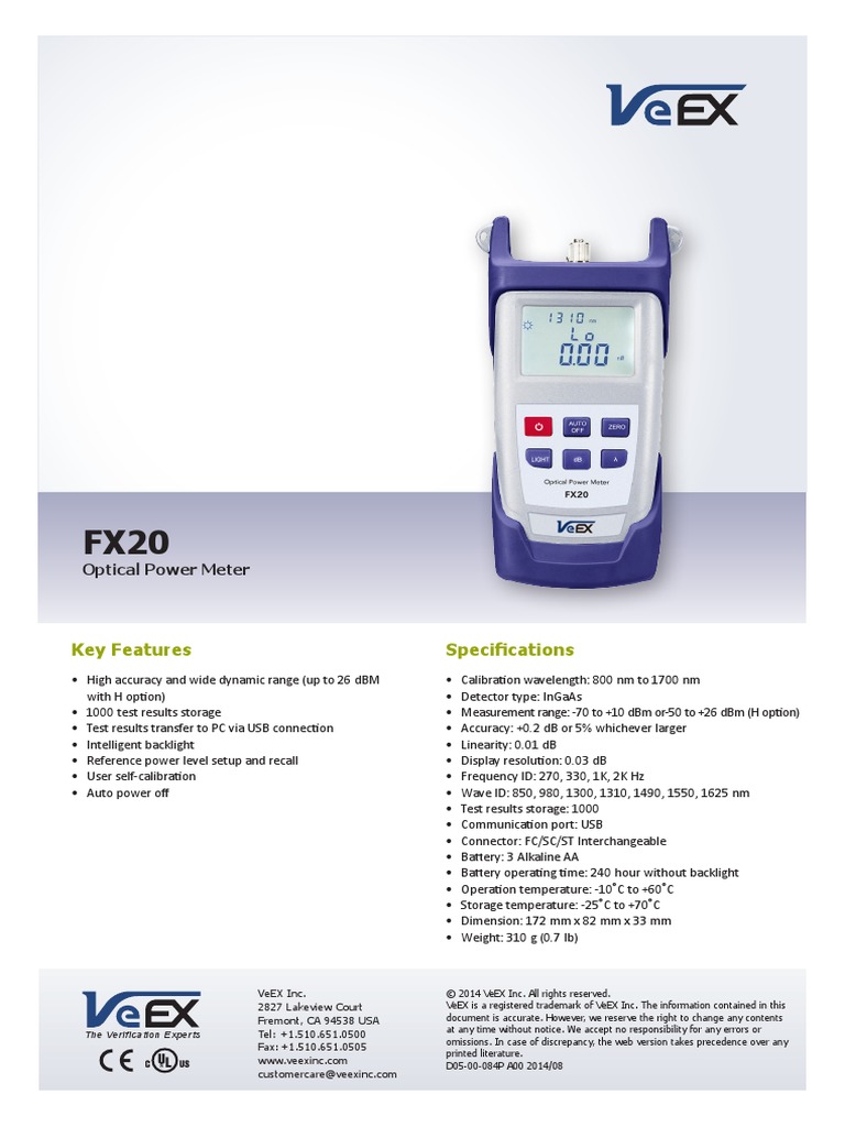 VeEX FX20 Optical Power Meter Specs | PDF