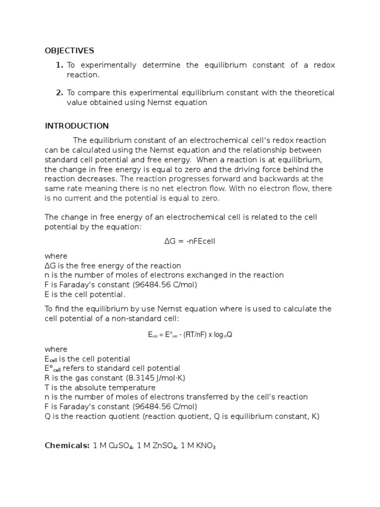Objectives 1. To Experimentally Determine The Equilibrium Constant of A ...