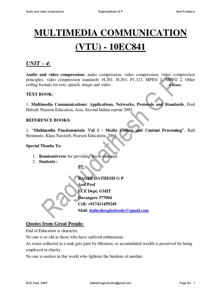 Multimedia Commnication Unit 4 VTU | PDF | Data Compression | Sampling ...