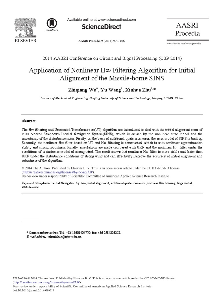 Application Of Nonlinear H Filtering Algorithm For Initial Alignment Of The Missile Borne Sins