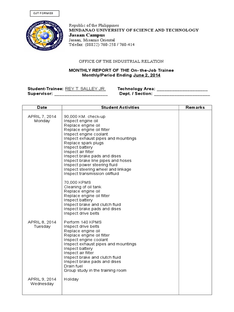 Monthly Report - OJT | PDF | Brake | Clutch