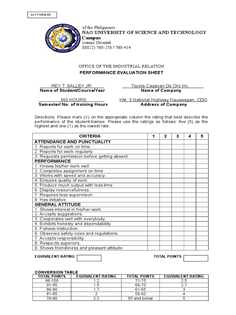 Evaluation Sheet - OJT | PDF | Behavior Modification | Cognition