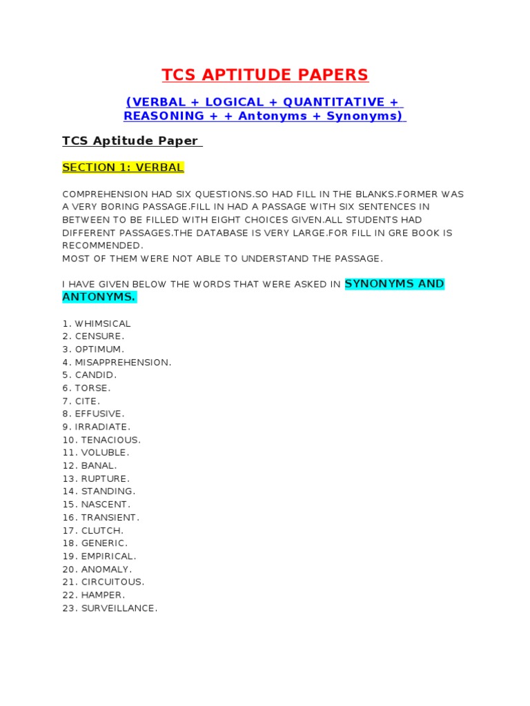 Tcs Aptitude Papers | PDF | Numbers | Matrix (Mathematics)