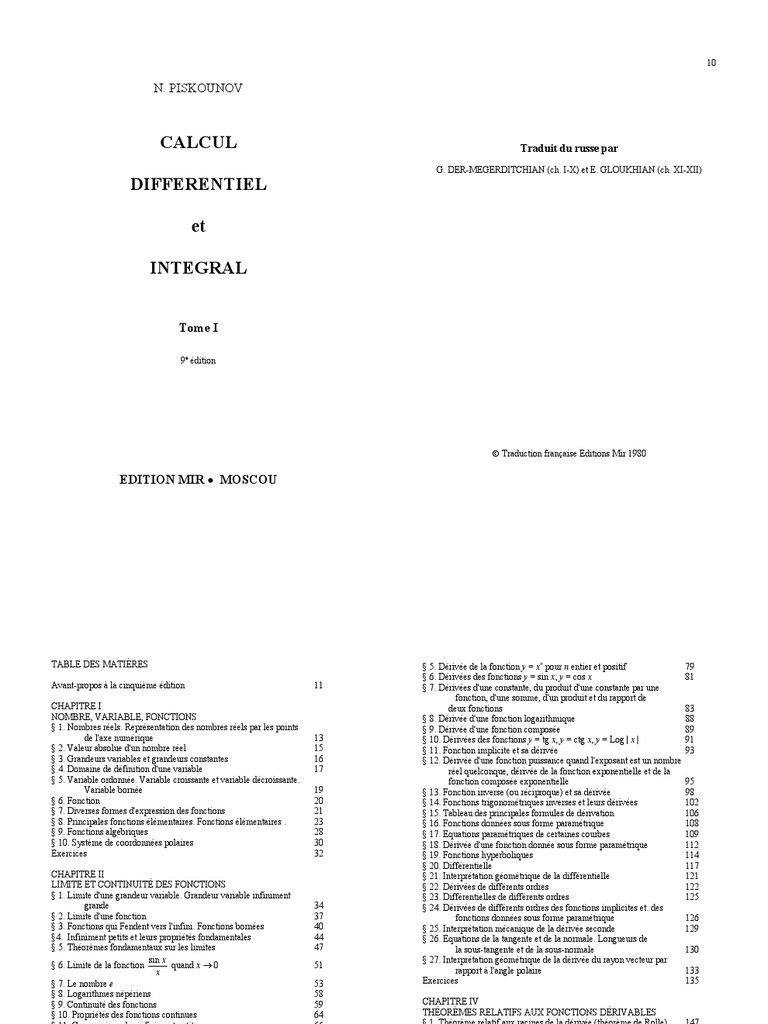 Calcul Differentiel Et Integral Tome1 (N. Piskounov Mir | PDF | Fonction (Mathématiques) | Courbe