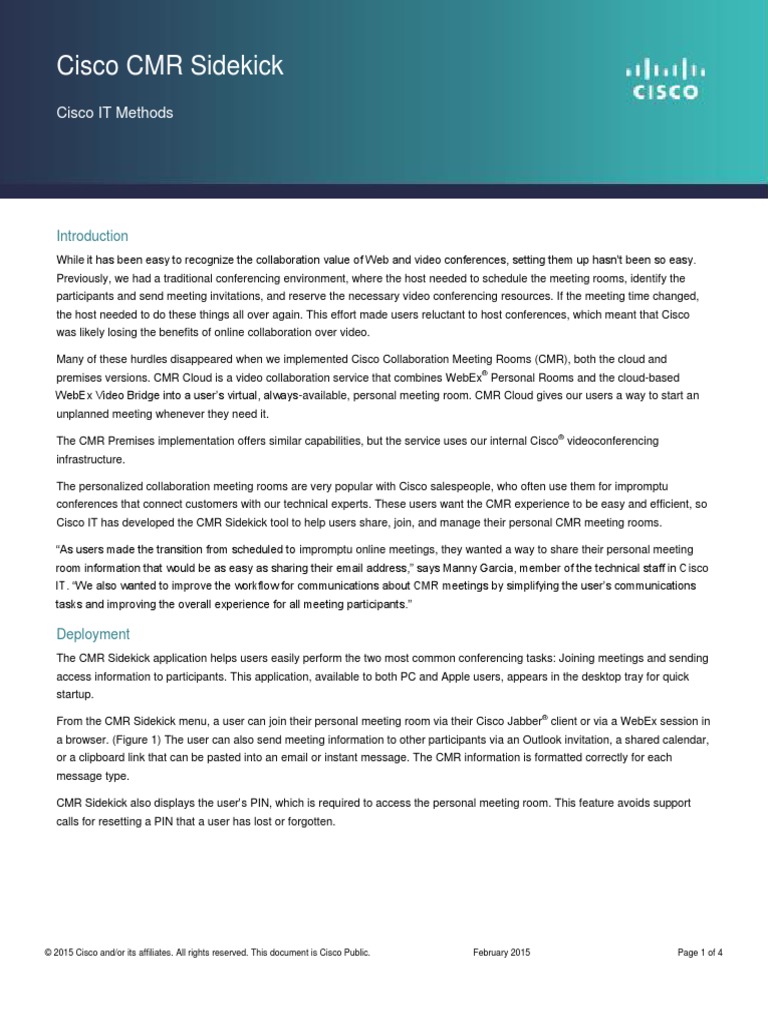 Cisco CMR Sidekick | PDF | Videoconferencing | Cloud Computing