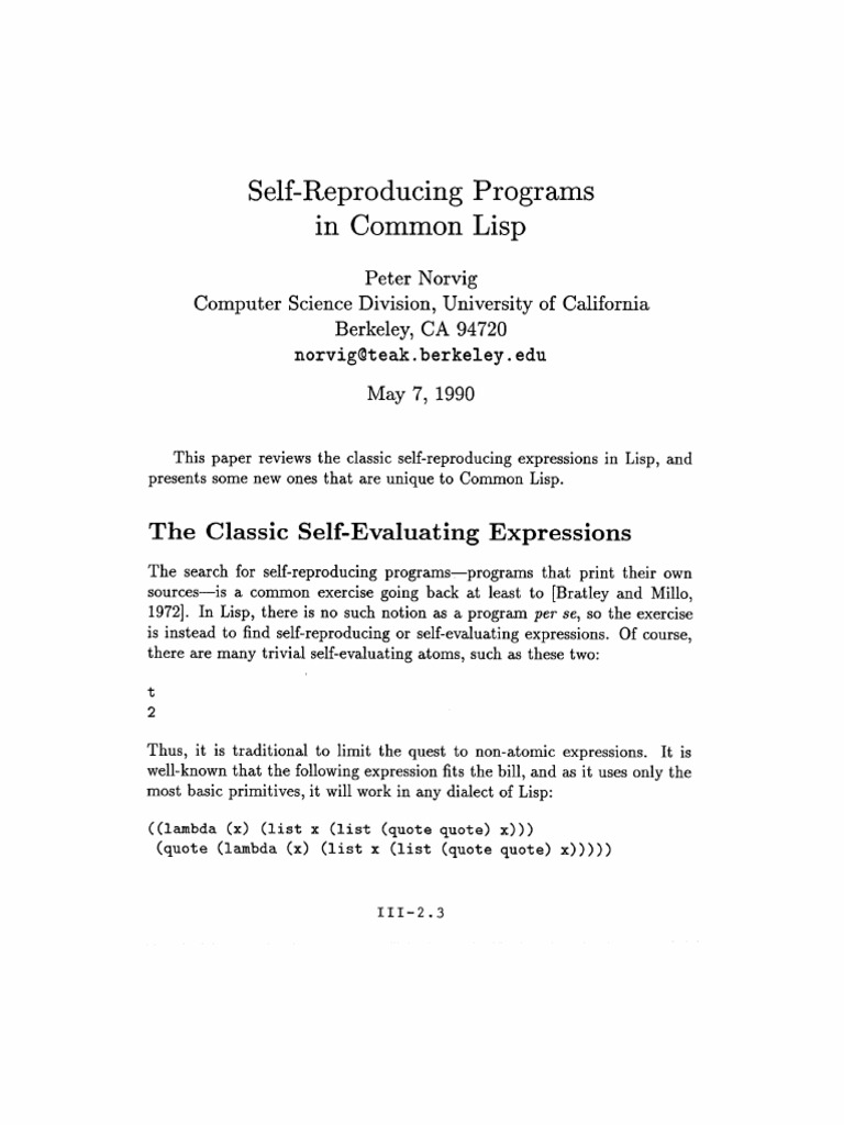 Self-Reproducing Programs in Common Lisp: The Classic Self-Evaluating ...