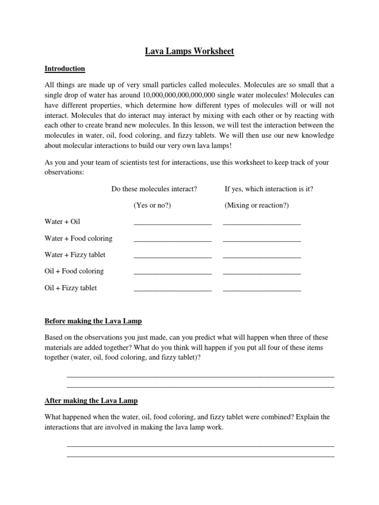 Lava Lamps Worksheet | PDF | Molecules | Water