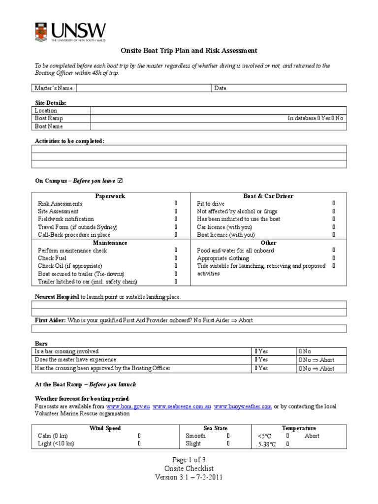 Boat Trip Risk Assessment Checklist | PDF | Wound | Weather
