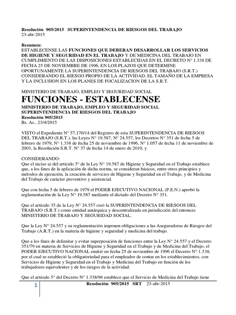 Res SRT 905-95 Funciones Servicio HyS | PDF | Seguridad y salud ocupacional | La seguridad