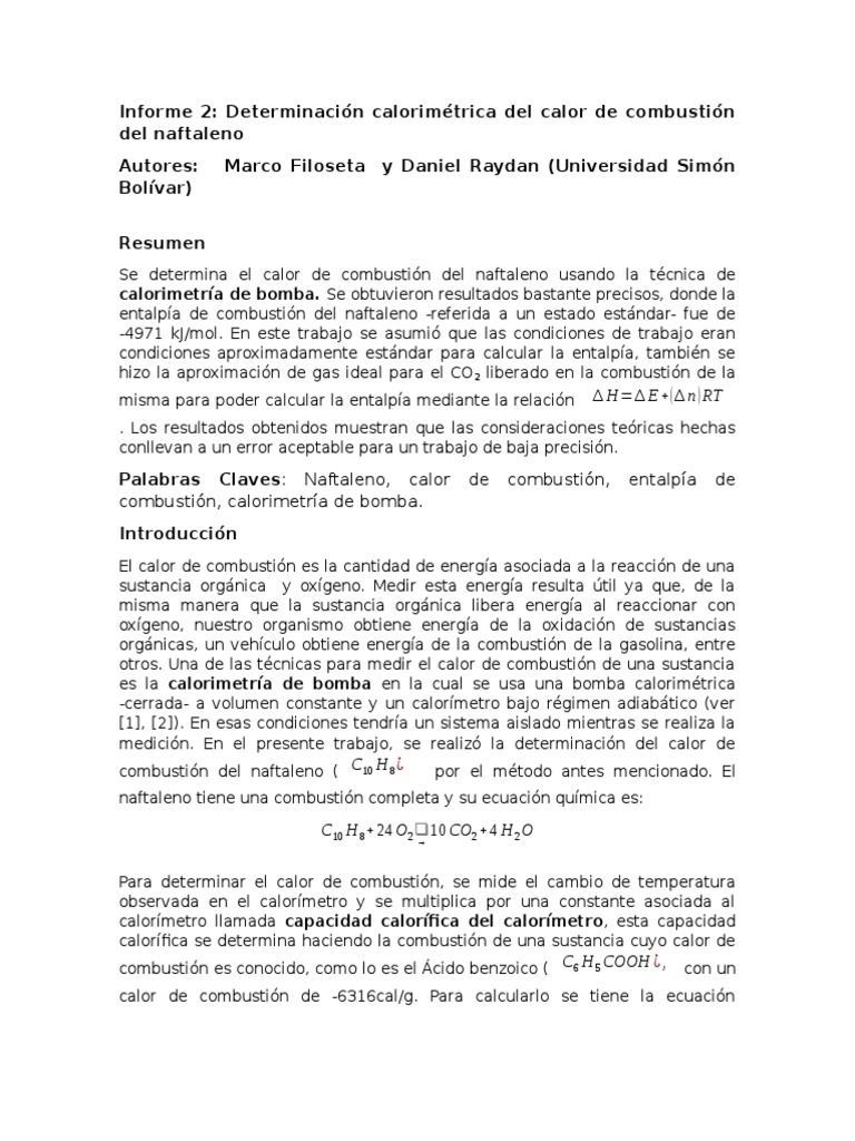 Calor de Combustion de Acido Benzoico | PDF | Combustión | Entalpía