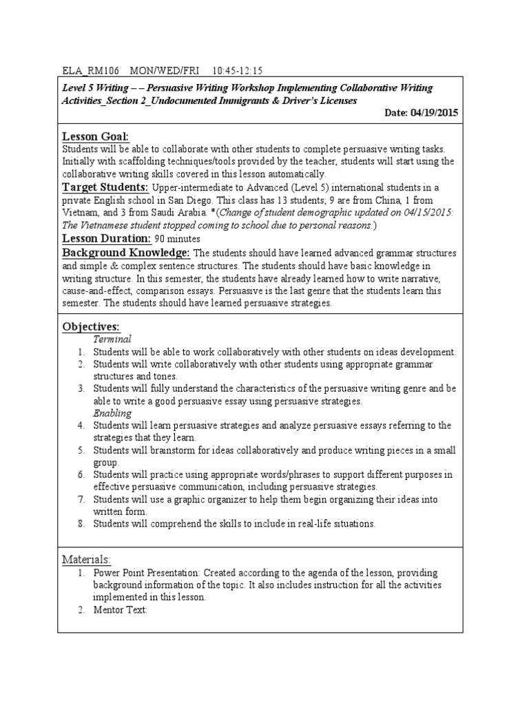 Level 5 Writing Lesson Plan Peasuasive Collaborative Writing Section 2 ...