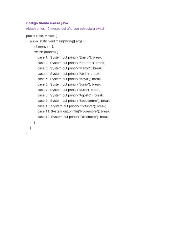 Ejemplo de switch en Java: Meses | PDF | Programación de computadoras | Ingeniería de software