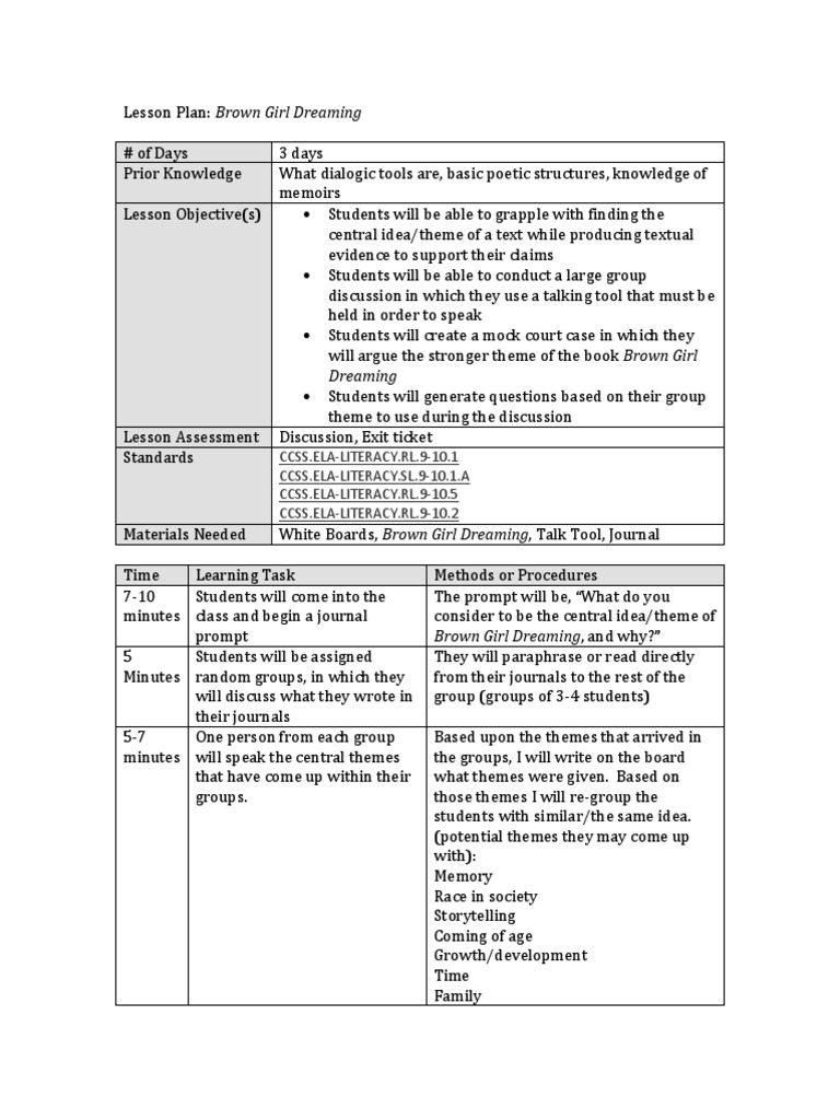 Exploring Themes in Brown Girl Dreaming | PDF | Lesson Plan | Epistemology