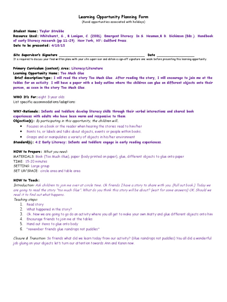 Too Much Glue Literacy Activity Plan | PDF | Literacy | Books