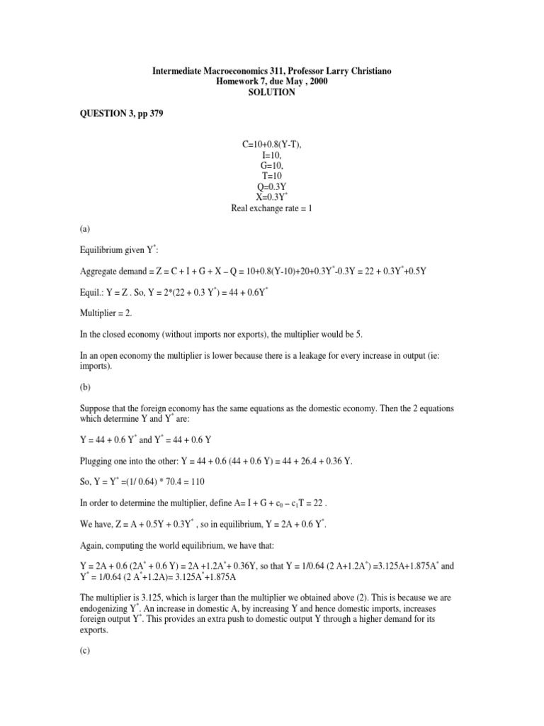 Intermediate Macroeconomics 311, Professor Larry Christiano Homework 7 ...