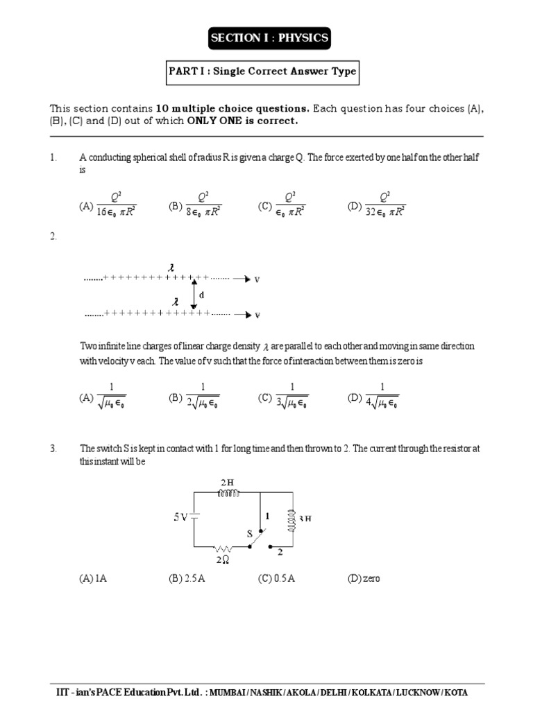 IITians PACE AITS 1 2012 PAPER 1 With Solutions | PDF | Physical ...