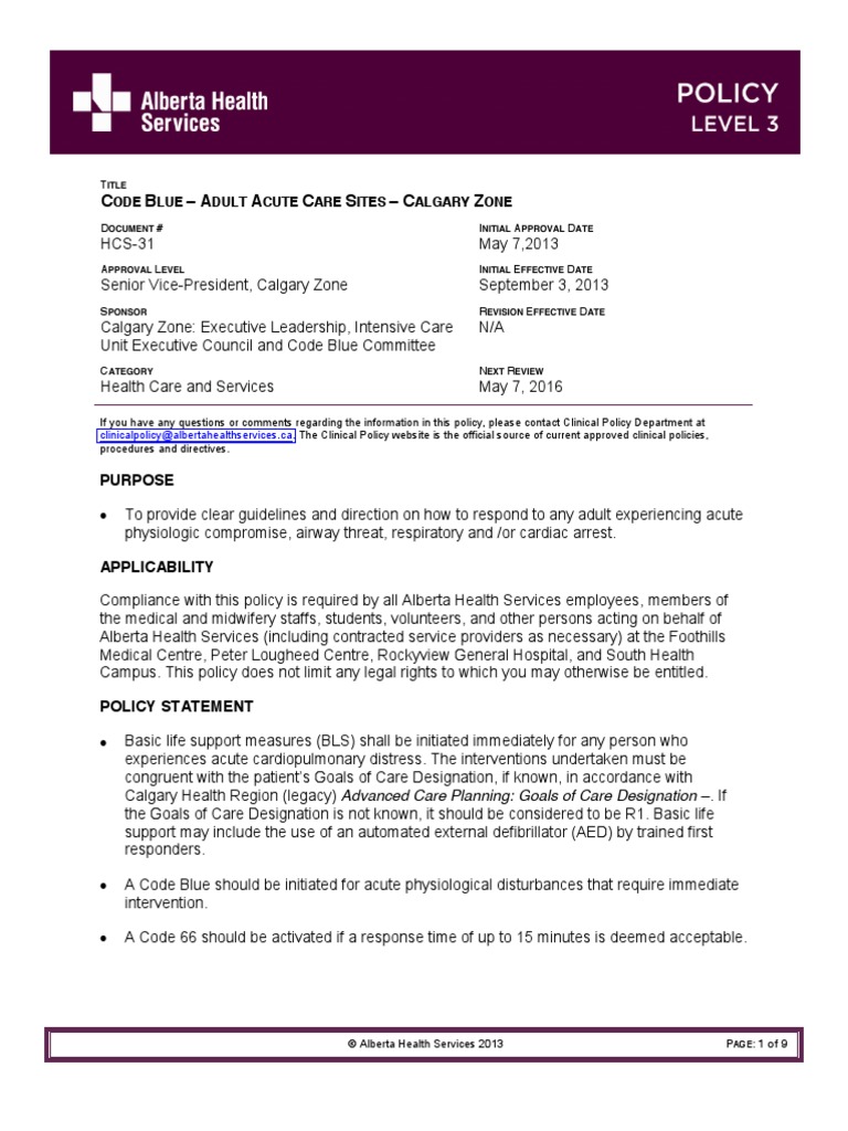 Code Blue Policy - Adult Care Sites - Calgary Zone | Intensive Care ...