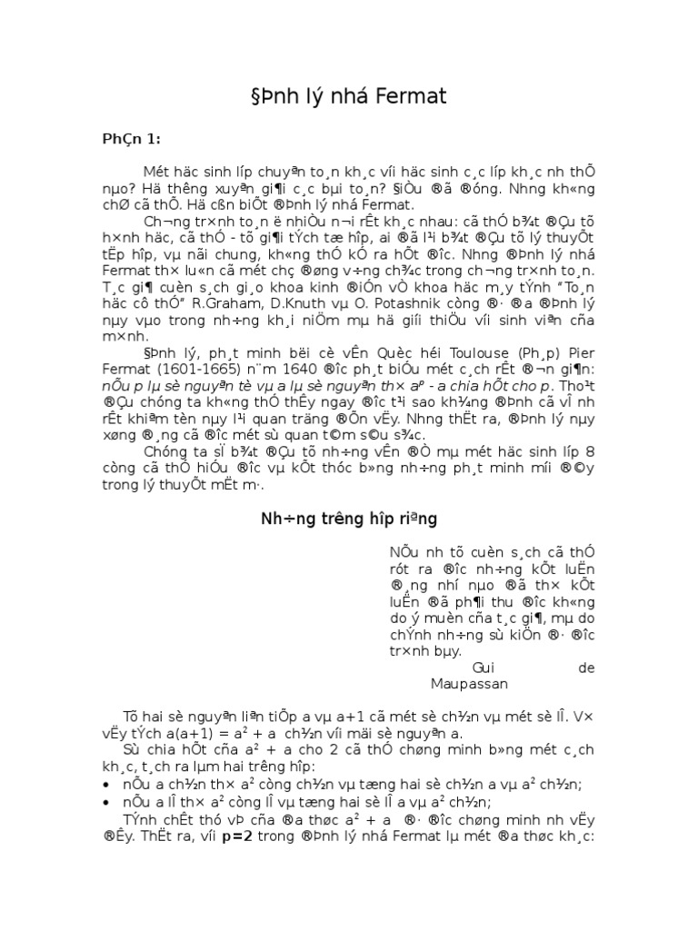 ÞNH Lý Nhá Fermat: Nõu P L Sè Nguy N Tè V A L Sè Nguy N TH× A - A Chia Hõt Cho P. Tho T | PDF ...